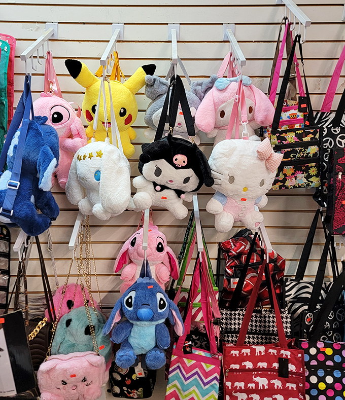 Plush companions and practical carryalls share wall space in perfect harmony. Stitch and Pikachu: the unexpected guardians of your shopping essentials.