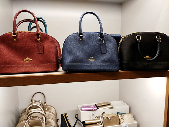 Coach bags lined up like elegant soldiers, standing at attention. Your credit card may weep, but your shoulder will carry these beauties with pride.