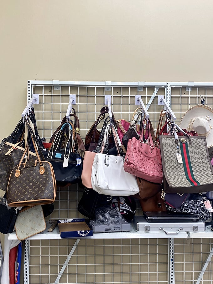 Designer bags that have seen better days still flaunt their logos with pride. That Gucci tote is whispering, "I'm still fabulous" from its wire hanger perch.