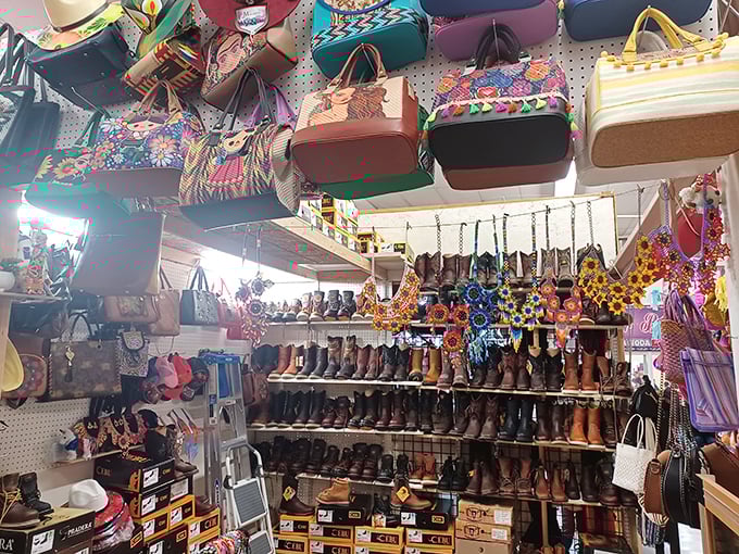 Handbags dangle above boots in a gravity-defying retail display&mdash;fashion's version of a well-organized solar system.