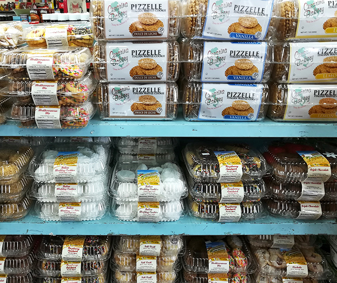 Sweet temptation lines these shelves, with Italian pizzelle cookies and other treats offering the perfect finale to your deli feast.