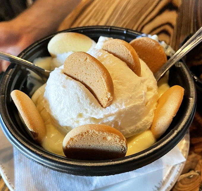 Banana pudding that makes you wonder if you've been eating bananas wrong your whole life. Those vanilla wafers are playing supporting roles worthy of Oscars.