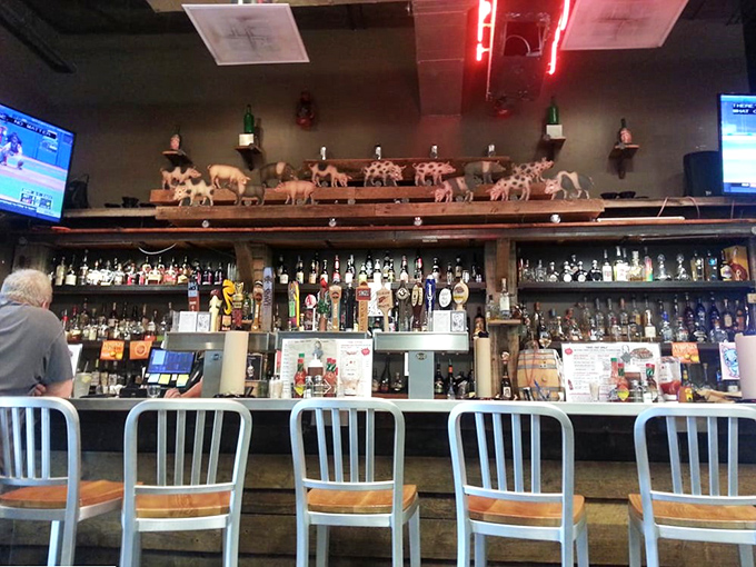 A bar lineup that rivals the meat selection. Those pig figurines standing guard above the bottles are the unofficial barbecue spirit animals.