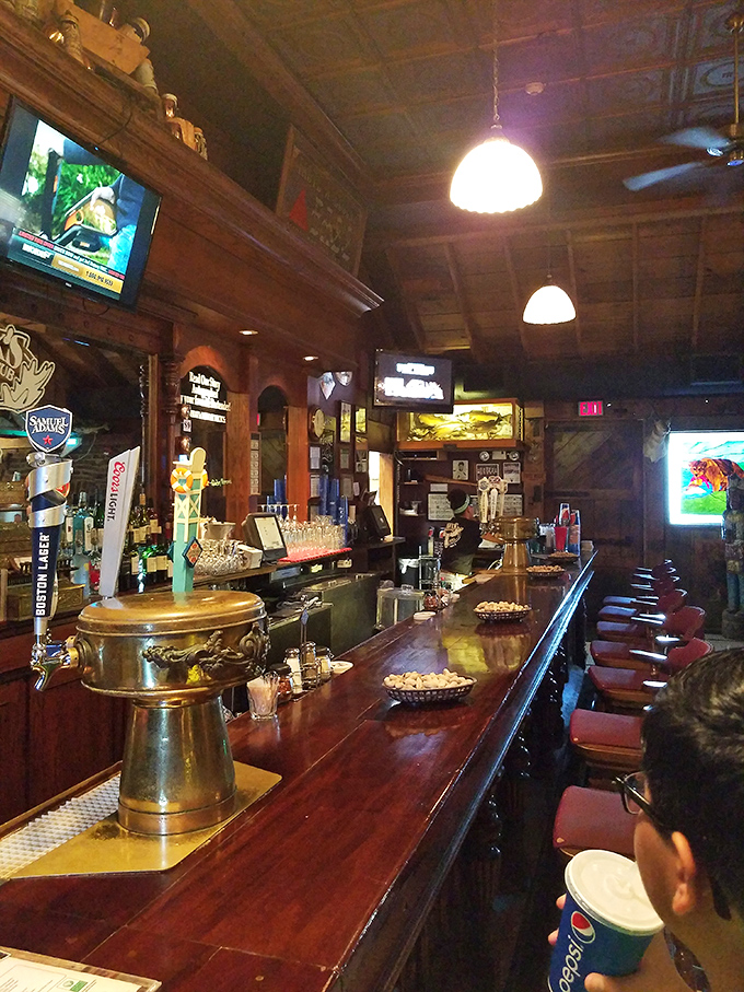 The bar stretches like a wooden runway for drinks, with gleaming taps standing ready to pour liquid happiness for thirsty patrons.