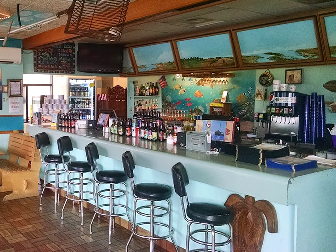 The bar area, with its aqua blue walls and nautical touches, feels like the perfect spot for a cold beer after a day exploring the Shore.