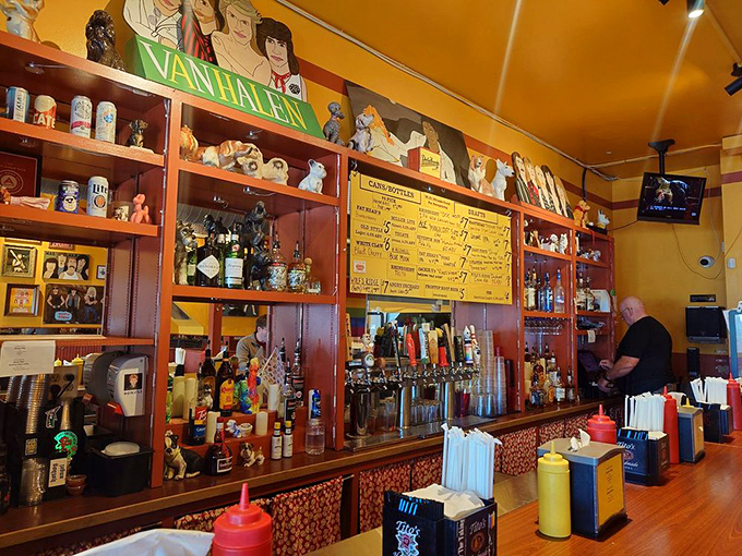 The bar area doubles as a pop culture museum with Van Halen memorabilia watching over your dining decisions. Rock and roll meets roll and relish. 