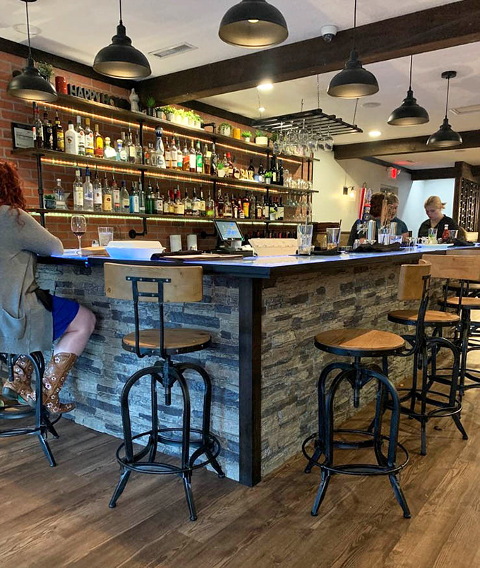 Another angle of the bar reveals stone accents that say "mountain elegance" without shouting about it.