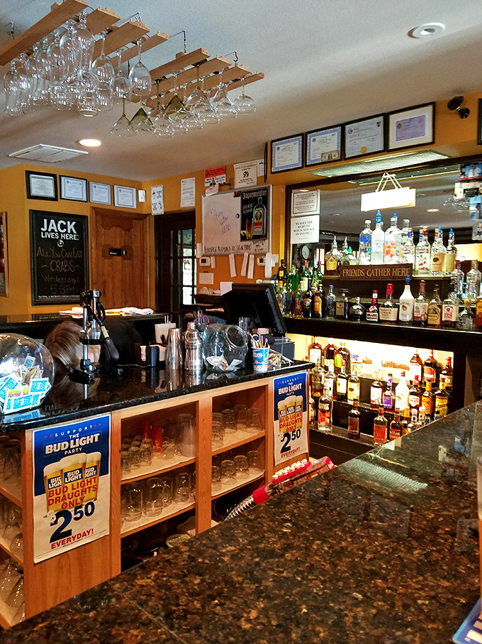 Bottles standing at attention like soldiers guarding liquid happiness. The overhead glasses await their moment to serve.