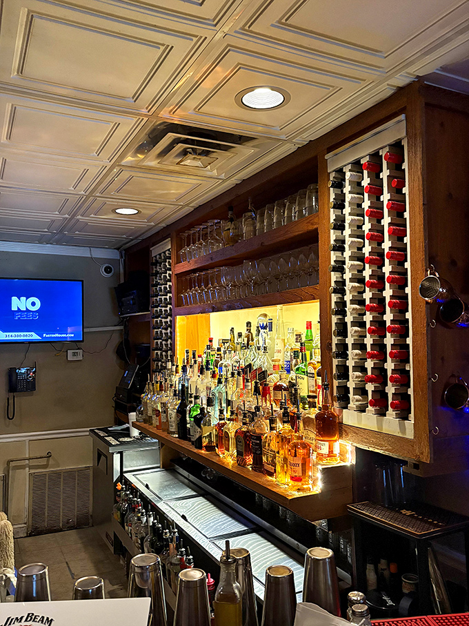 This isn't just a bar&mdash;it's a shrine to libations where wine bottles stand at attention, ready to complement your toasted ravioli adventure.