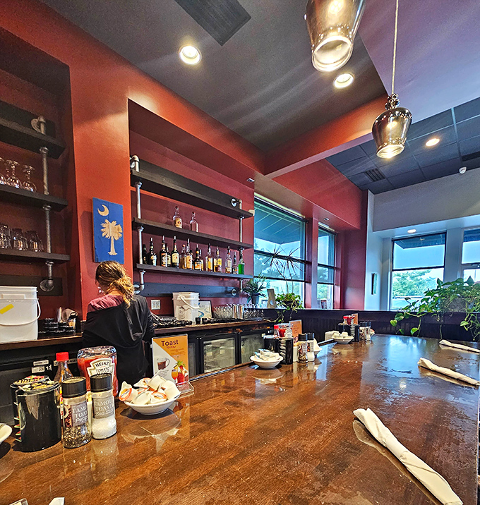 The warm wood tones of the bar invite you to pull up a seat. Coffee mugs stand at attention, ready for their caffeinated duty.
