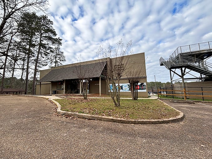The bathhouse facility stands ready for swimmers emerging from their aquatic adventures.