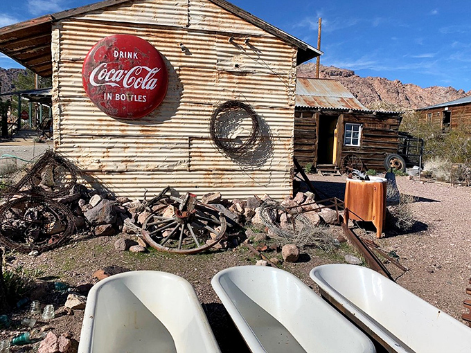 Bathtubs basking in the desert sun outside a Coca-Cola adorned shack. Saturday night baths were apparently a community affair in mining days.