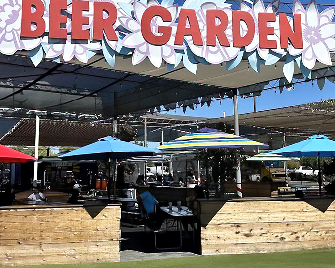 An oasis for weary shoppers where cold beer meets California sunshine. This garden of adult refreshment offers the perfect intermission during marathon shopping sessions.