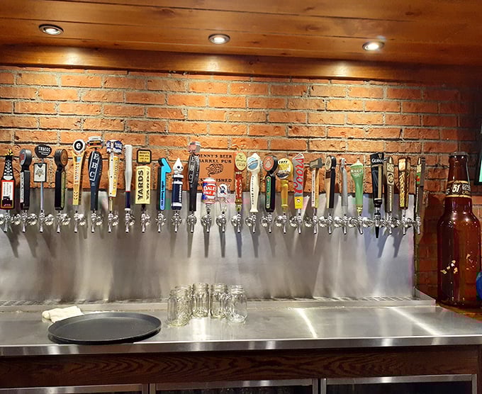 Beer taps lined up like soldiers ready for duty. Each one a different adventure waiting to happen.