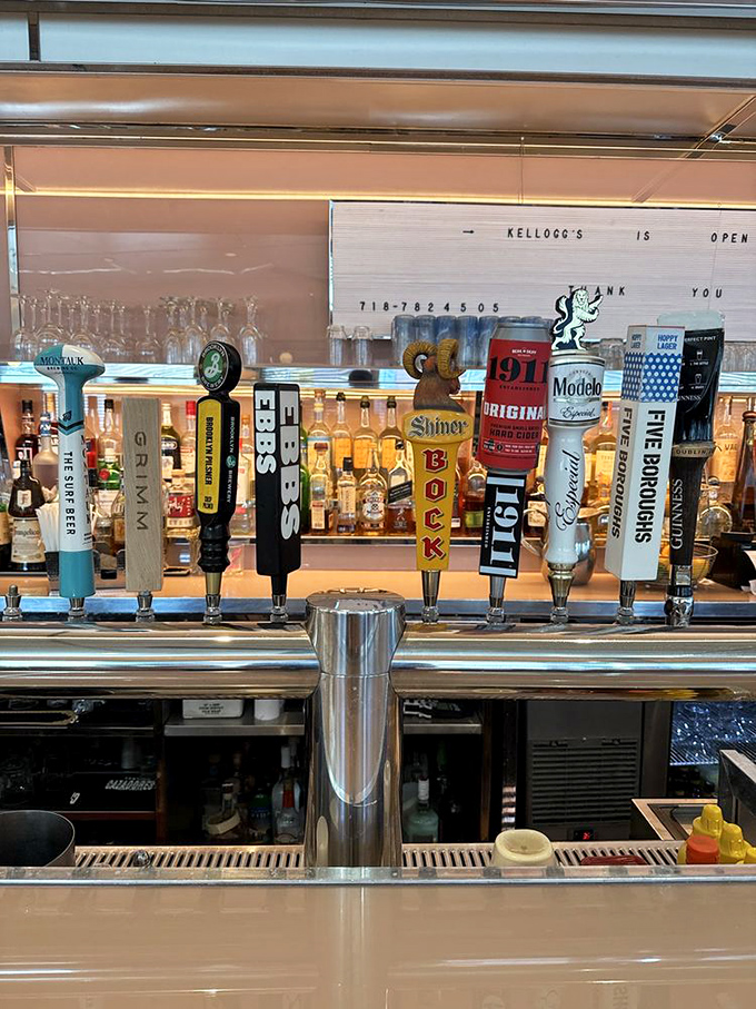 Beer taps lined up like soldiers ready for duty. That "Kellogg's is Open" sign might be the three most beautiful words in the English language.