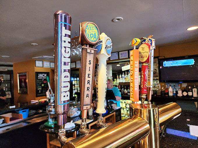 A lineup of draft beers stands at attention, each waiting for their chance to complement your crab feast with frothy perfection.