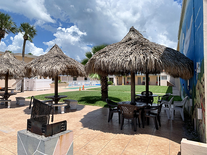 Tiki huts at the Belleair Beach Resort Motel offer shaded respite after hours of sun-soaked beach bliss.