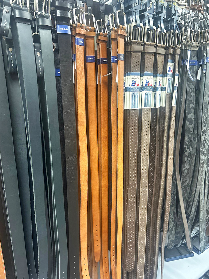 The leather belt display &ndash; where finding the perfect patina is an art form and shopping becomes a tactile experience.