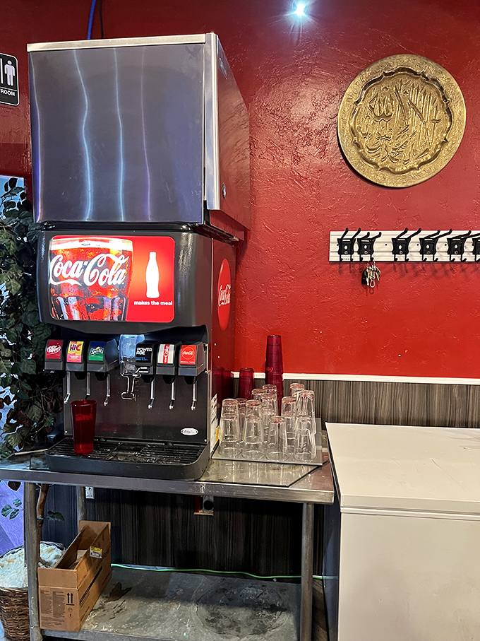 The beverage station stands ready to refresh you, because all those bold flavors require proper hydration support.