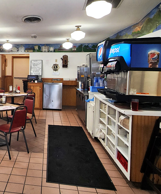 The self-serve beverage station stands ready for refills&mdash;because one cup of coffee is never enough.