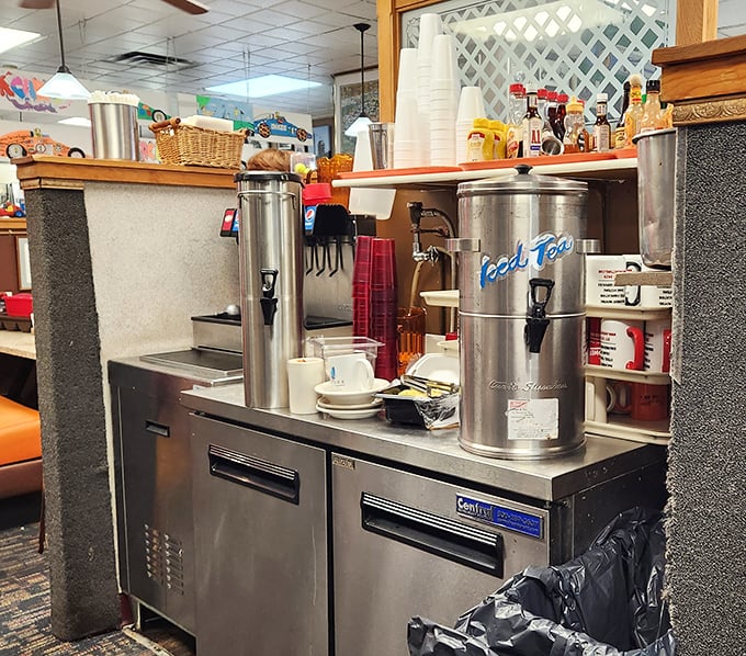 The beverage station stands ready for action &ndash; those silver dispensers promising refreshment for parched breakfast warriors throughout the morning rush.