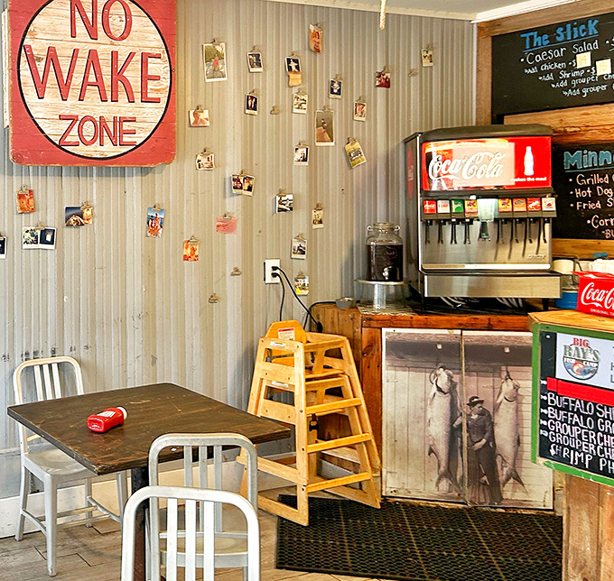 The soda fountain and "No Wake Zone" sign create the perfect backdrop for conversations that inevitably begin with "You've got to try the..."