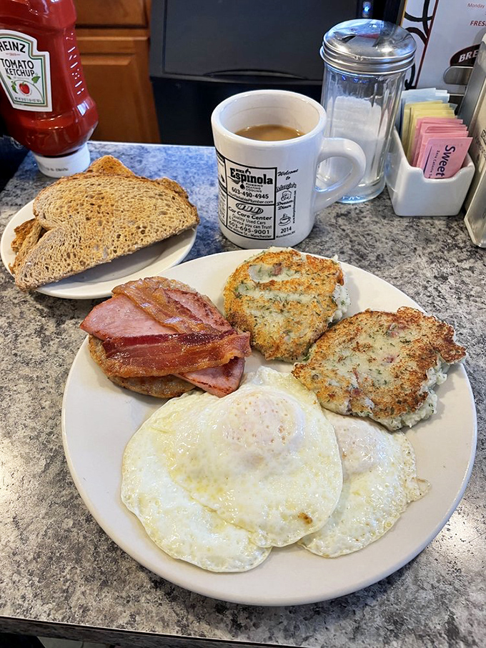 This isn't just breakfast—it's a declaration that today is worth celebrating with eggs, meat, and potato pancakes of distinction.