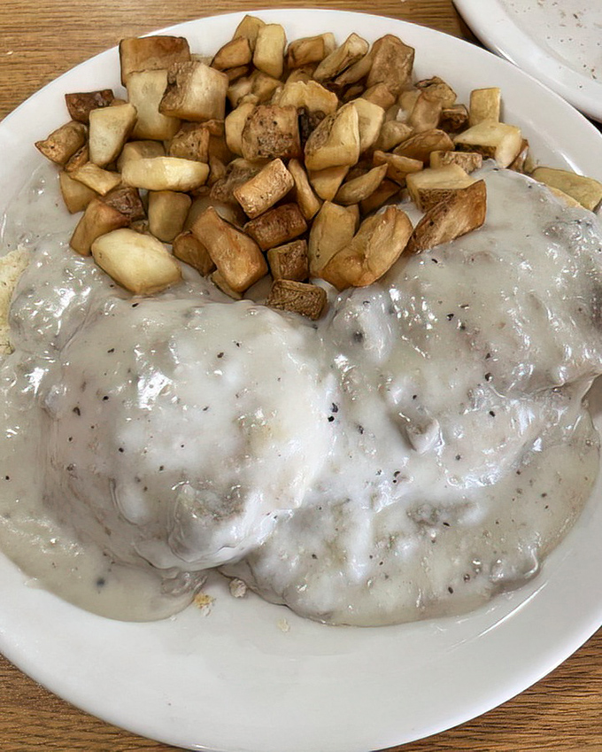Biscuits and gravy that would make your Southern grandmother weep with joy. Those home fries are the supporting actors who deserve their own Oscar.