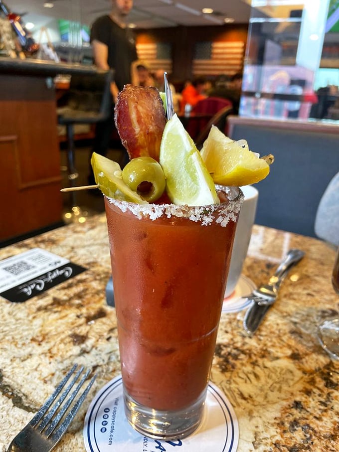This isn't just a Bloody Mary&mdash;it's a meal in a glass, complete with bacon, olives, and enough garnish to count as a salad course.