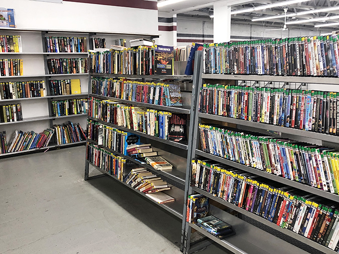 The DVD and book section&mdash;where physical media refuses to surrender to streaming services. "Friends" complete series for less than one month of Netflix.
