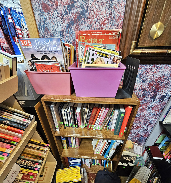 Literary treasures from Life magazine to paperback novels, stacked in colorful bins like a library that threw out the Dewey Decimal System.