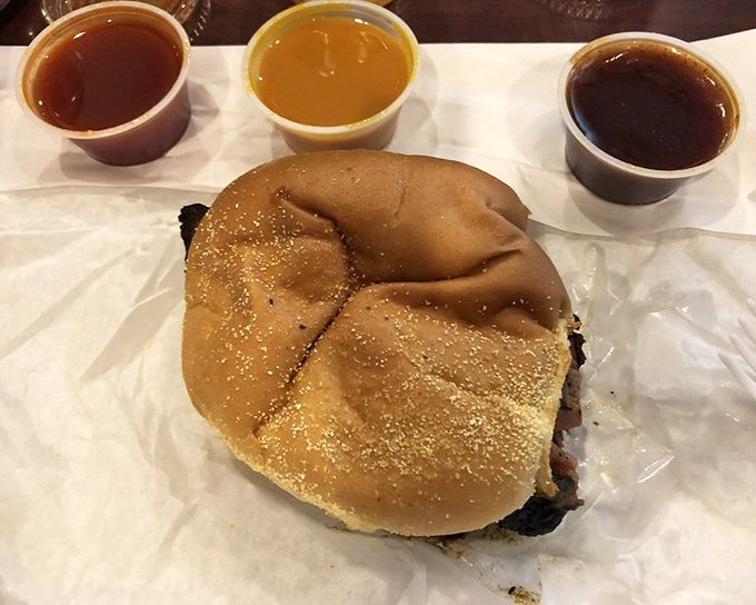 This brisket sandwich requires both hands and possibly a construction permit to tackle properly.