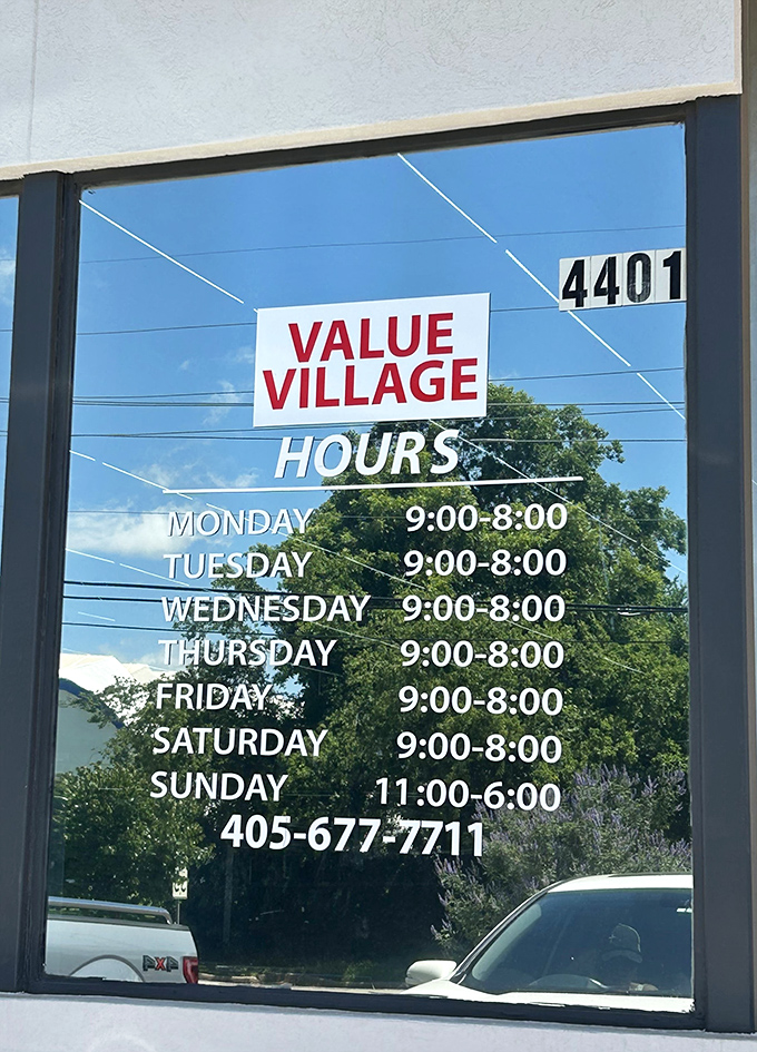 The hours of operation: a helpful reminder that treasure hunting requires proper planning. Note Sunday's late start—even bargains need beauty sleep.