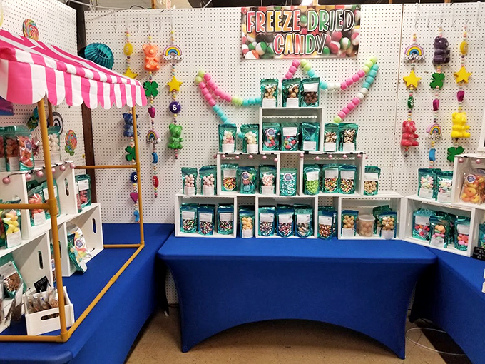 Nostalgia by the jarful. This freeze-dried candy display proves that sometimes the sweetest memories come in the most colorful packages.