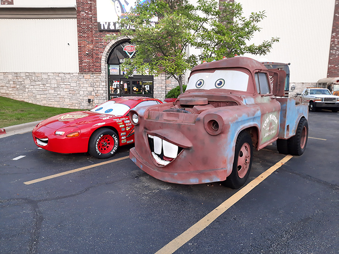 Lightning and Mater, the dynamic duo from "Cars," bring Pixar magic to the parking lot. Their expressions are almost suspiciously lifelike.