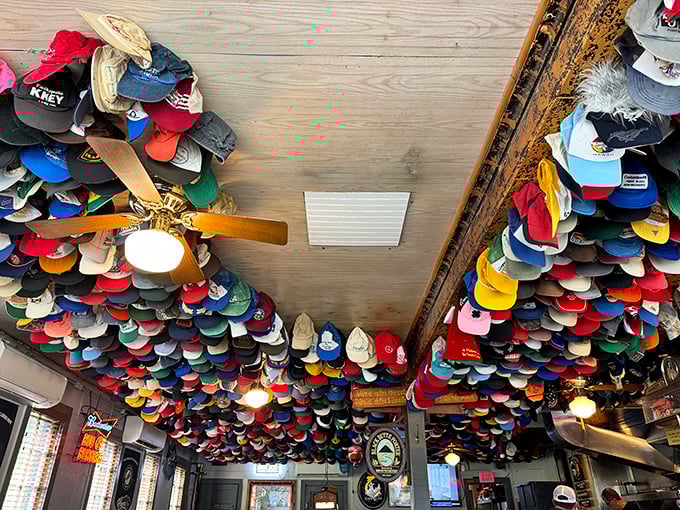 Looking up at the ceiling is like seeing a timeline of Oregon through its headwear. Each cap tells a story&mdash;some probably best left untold.