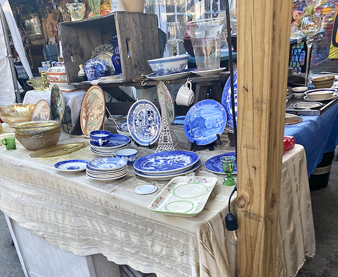 Blue and white ceramics arranged with care &ndash; these dishes have seen more interesting meals than most food critics.