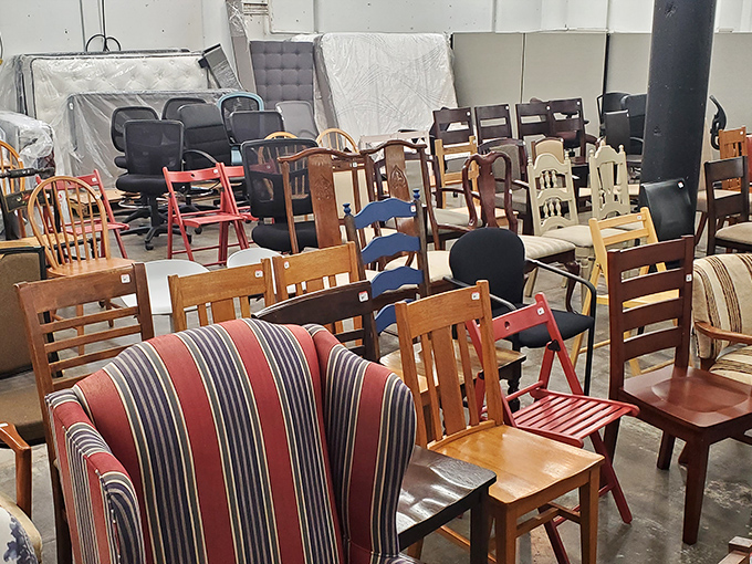 The furniture section resembles a living room family reunion—mismatched chairs with personality waiting to find their perfect table match.