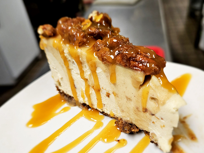 A slice of cheesecake that doesn't just end the meal&mdash;it provides the grand finale with caramel drizzle playing the part of fireworks.