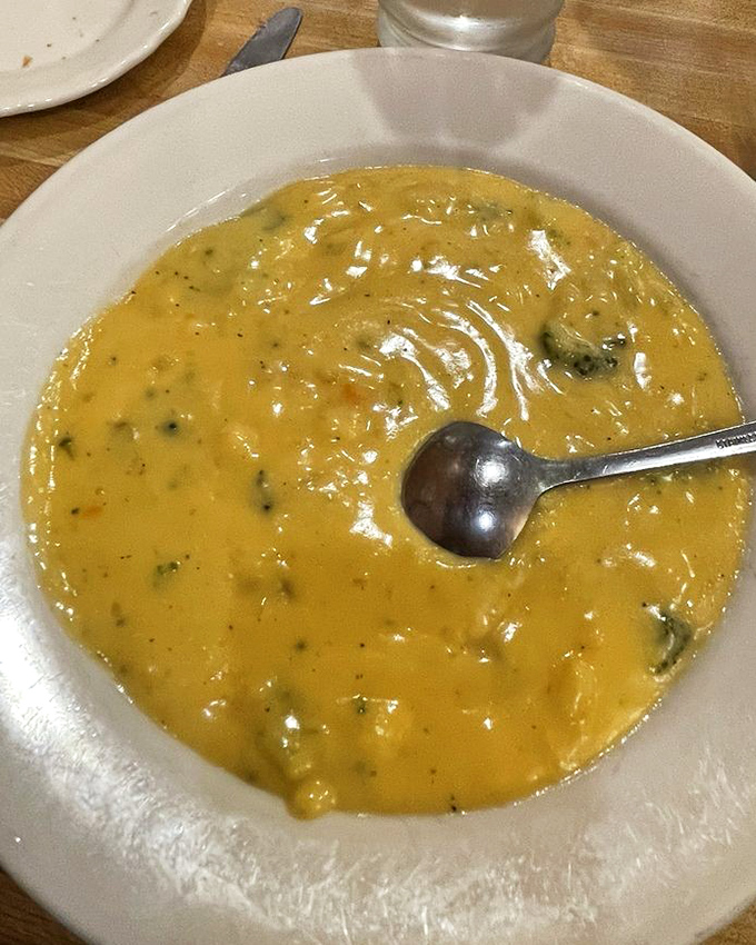 A bowl of cheesy vegetable soup that looks like liquid comfort, the kind that makes you want to befriend whoever created the recipe.