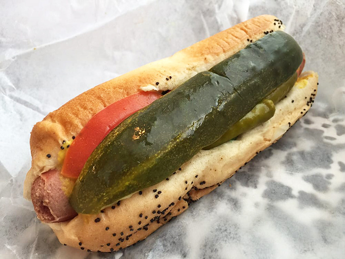 The Chicago-style hot dog in its natural habitat&mdash;nestled in a poppy seed bun with "the works," conspicuously missing ketchup as nature intended.