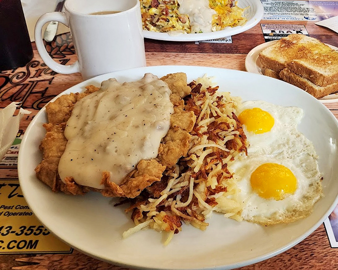Chicken fried steak and eggs: the breakfast that laughs at your afternoon energy slump.