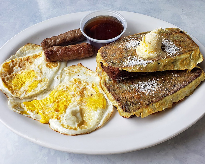 French toast that's dressed for success with powdered sugar, butter, and maple syrup. Breakfast's glamorous side has arrived.