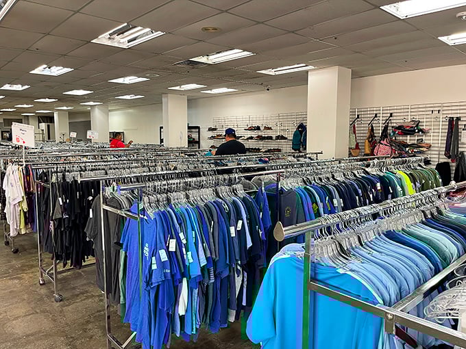 The men's department, color-coded for maximum browsing efficiency. Those blue aloha shirts have stories to tell.