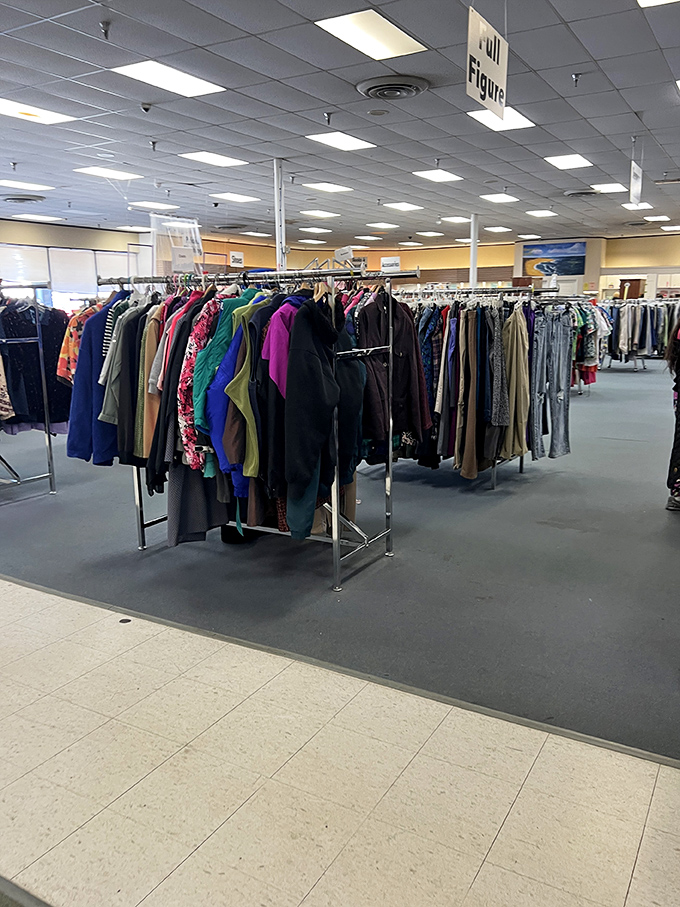 The "Full Figure" section offers a rainbow of possibilities. Unlike department stores, thrift shops understand style comes in every size and color.