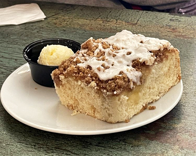 Coffee cake that makes you question why you'd ever waste calories on lesser desserts &ndash; streusel-topped perfection served with a side of pure joy.