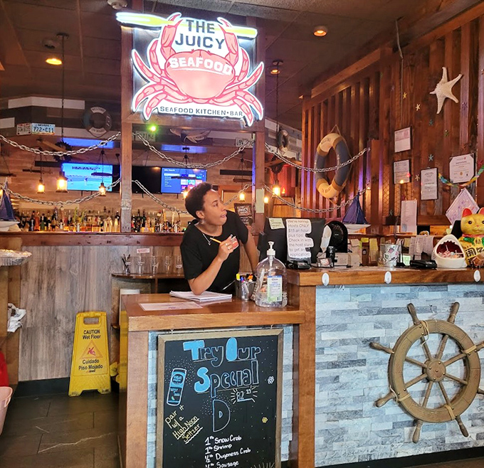 Nautical touches and a ship's wheel behind the counter &ndash; because eating seafood without maritime decor is just dinner.