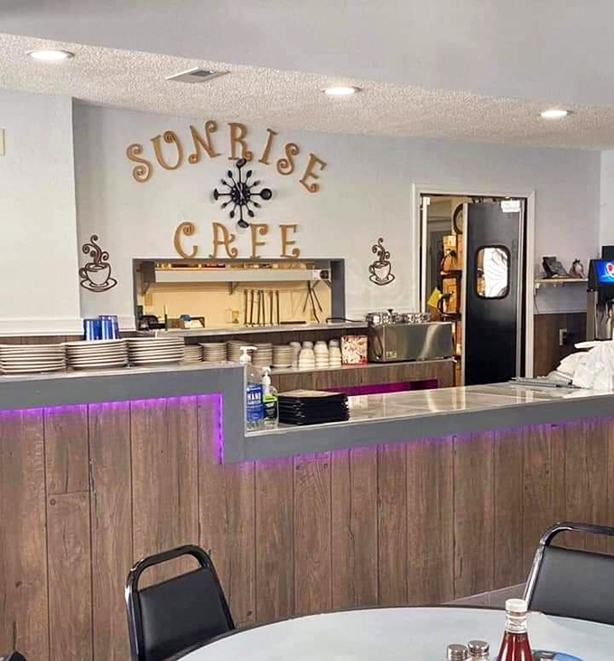 Behind this counter, breakfast magic happens while the "Sunrise Cafe" sign watches over everything. 