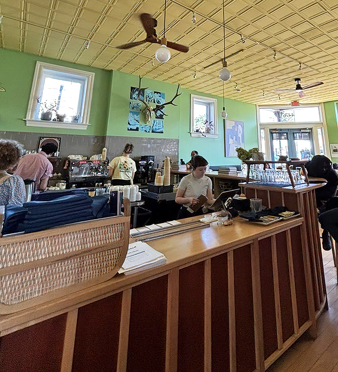 The welcoming counter invites solo diners to enjoy the show as skilled baristas and cooks craft each order with care.