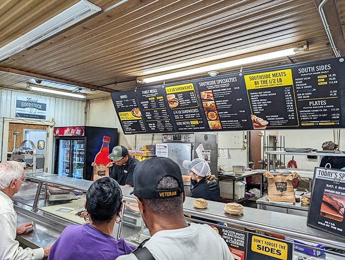 Locals and tourists alike stand shoulder to shoulder at the counter, united in their quest for smoky perfection and that signature Elgin sausage.